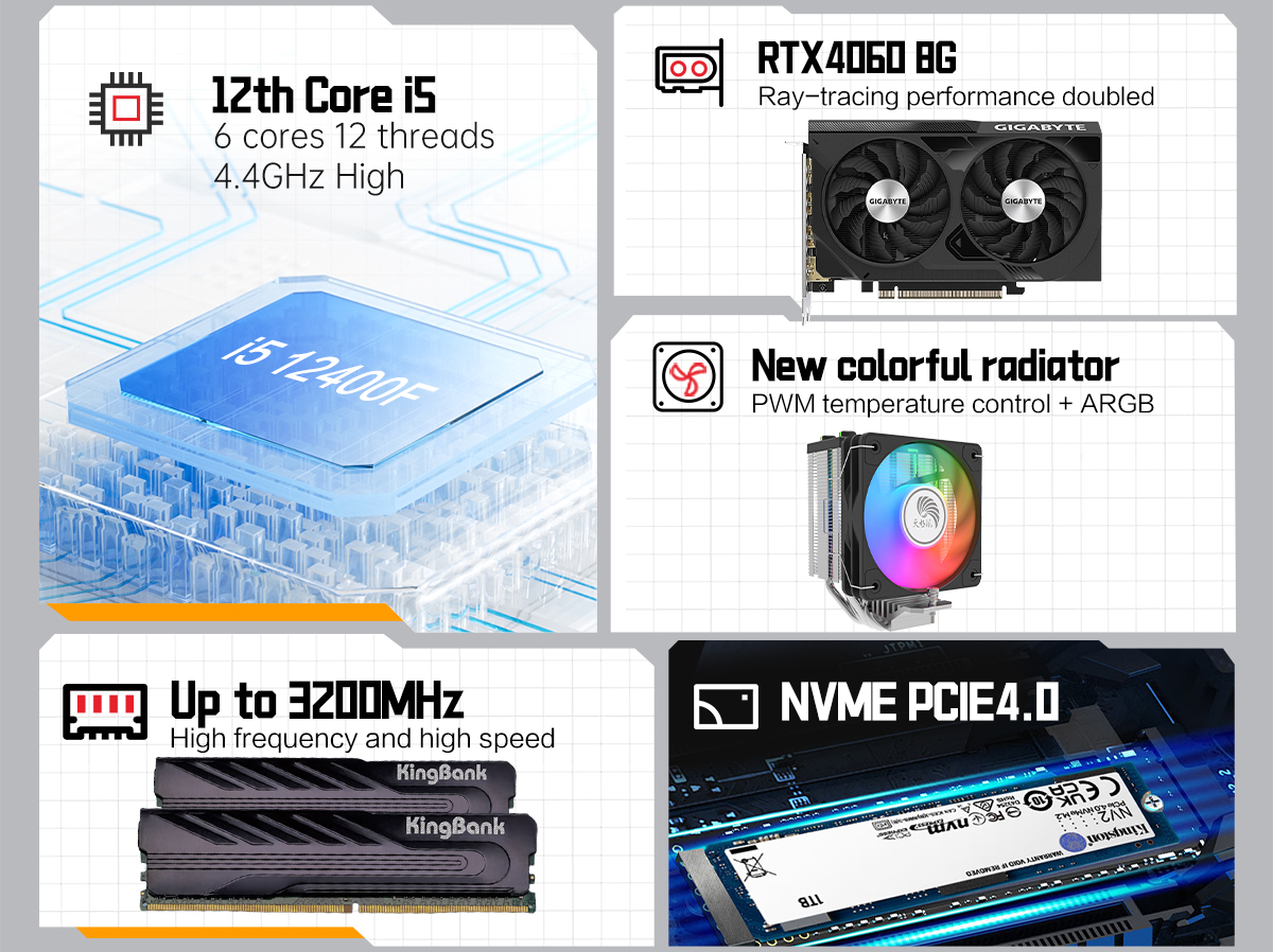 AOACE Gaming PC Desktop INTEL Core i5 12400F 2.5 GHz, NVIDIA RTX 4060 ...